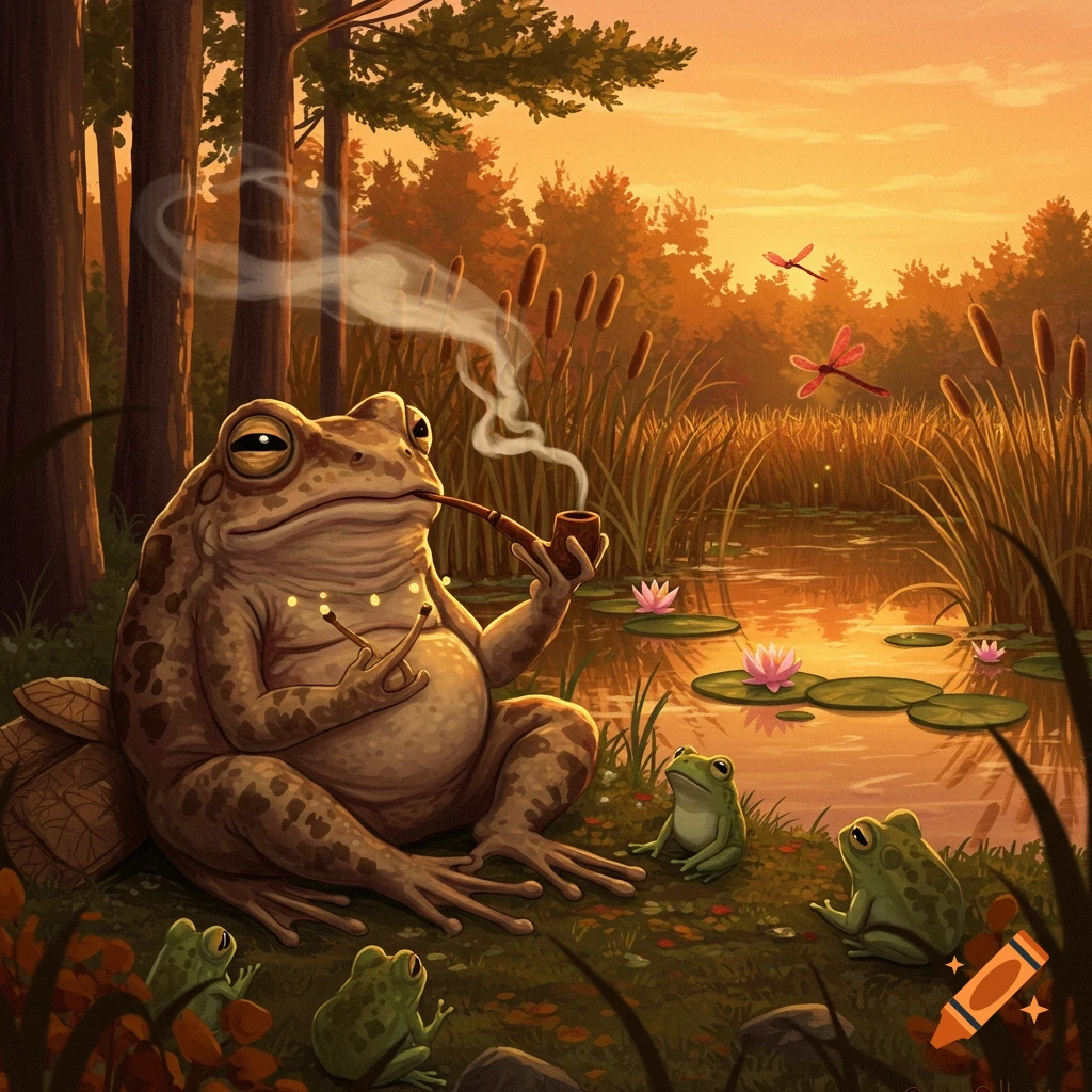 An illustration of a large toad smoking a pipe by a pond at sunset ...