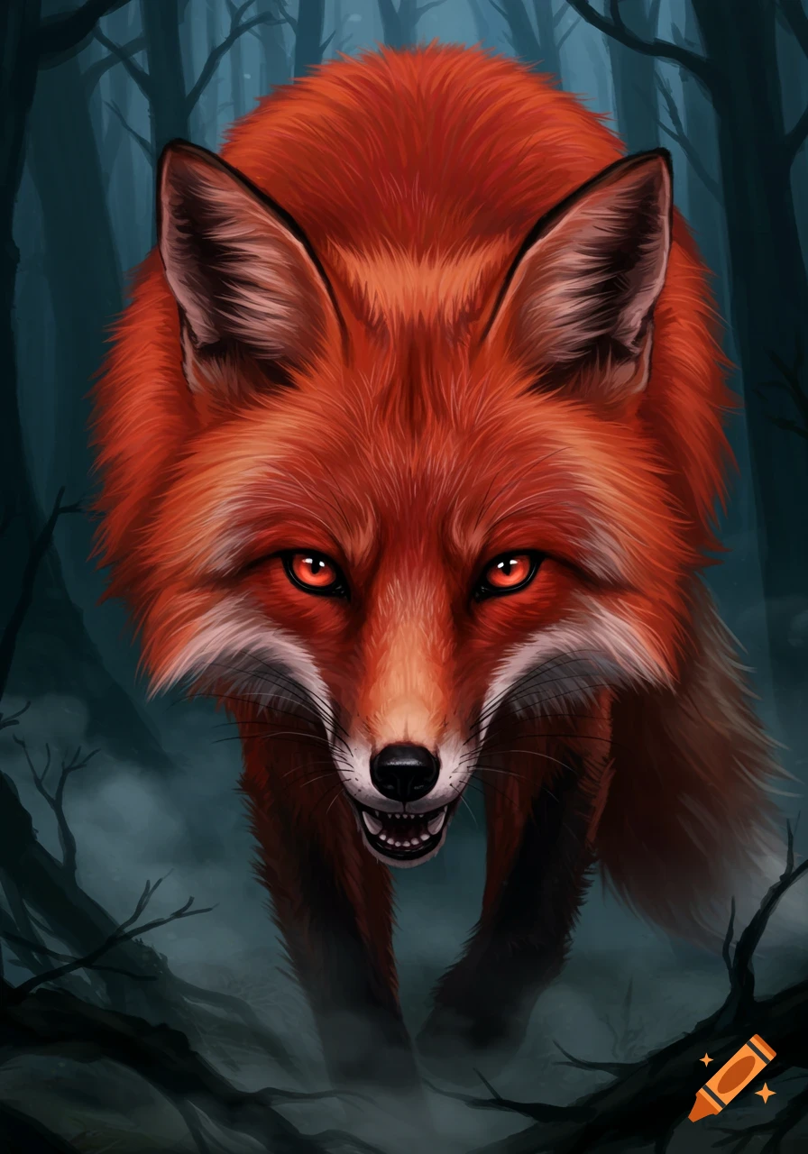 A vibrant orange and white fox with detailed fur stands in a dark ...