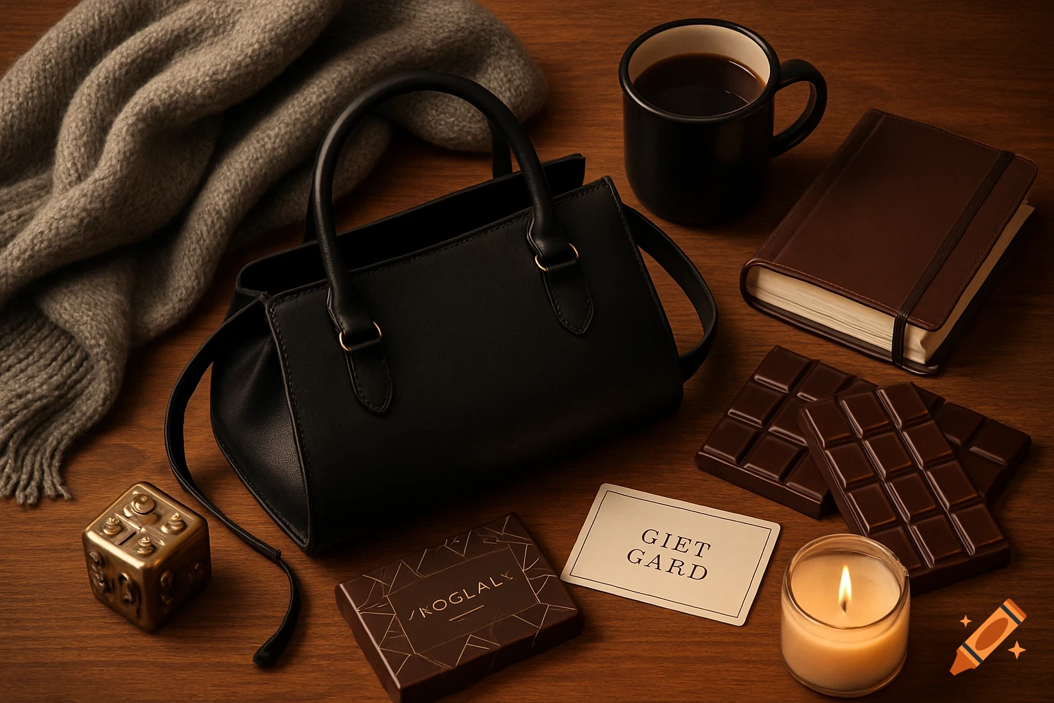 A flat lay of a black handbag, grey scarf, coffee mug, notebook ...