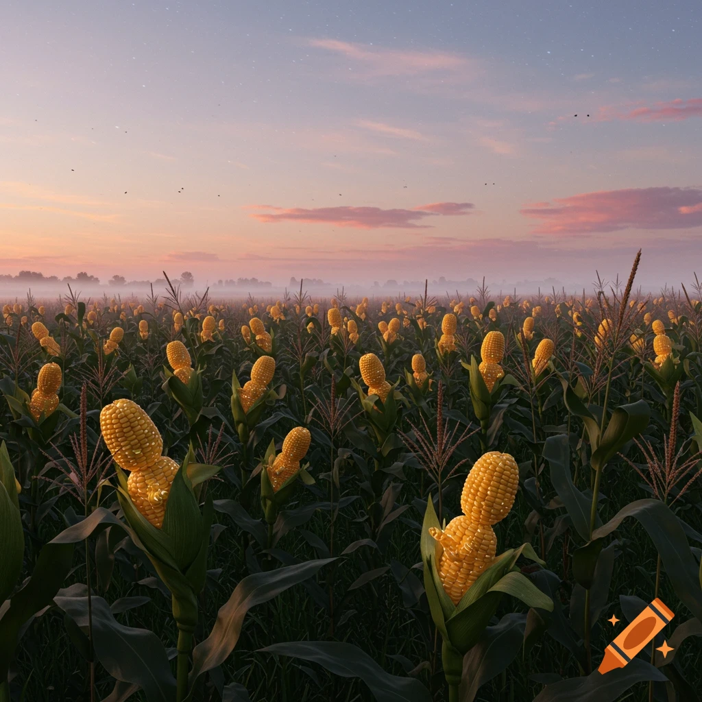A photorealistic field of corn with cobs shaped like human babies under ...