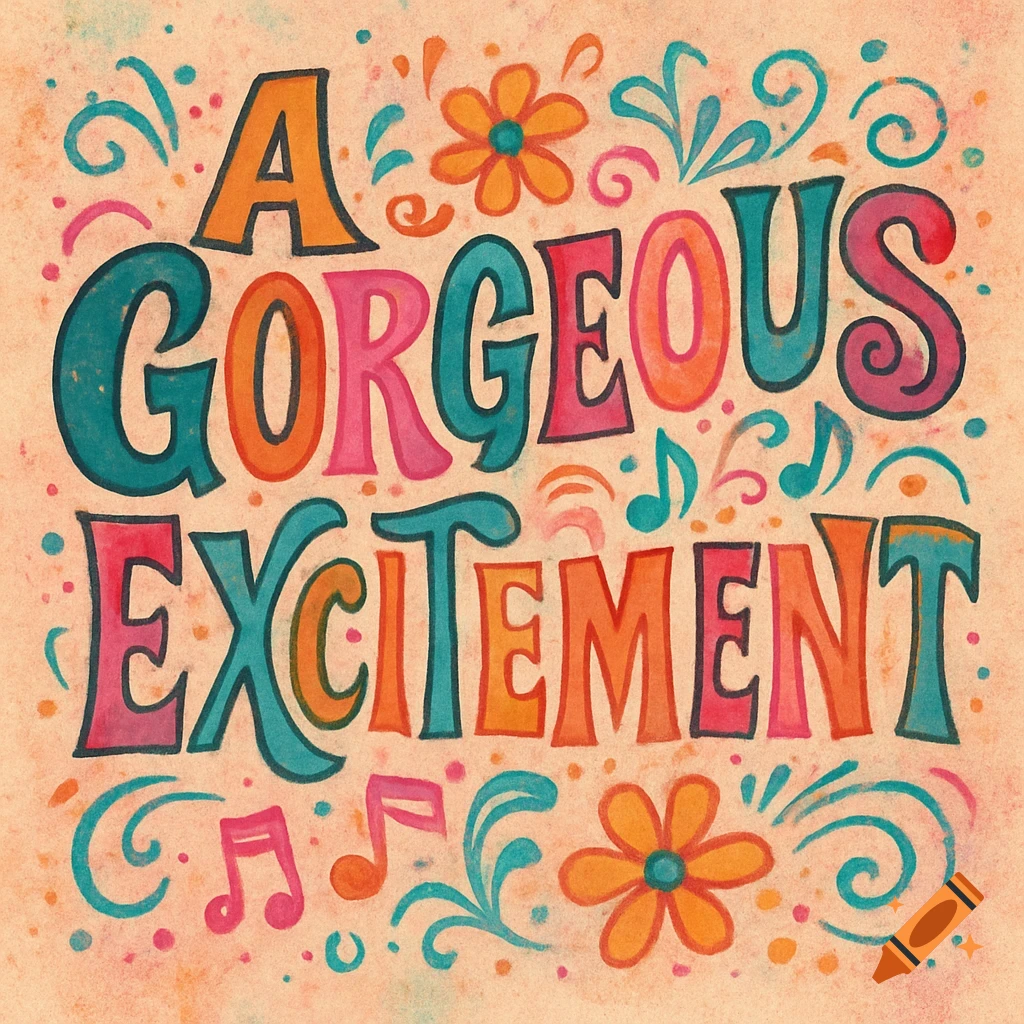 Stylized lettering of 'A GORGEOUS EXCITEMENT' in colorful, hand-drawn ...