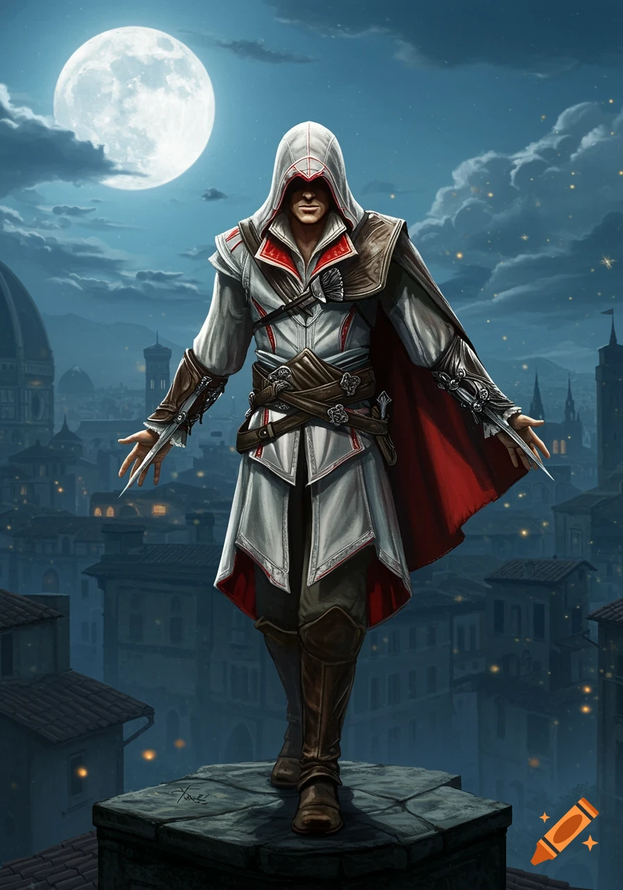A hooded assassin in teal and red stands on a snowy rooftop overlooking ...