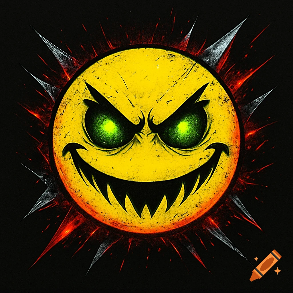 An evil yellow smiley face with glowing green eyes, sharp teeth, and a dark aura with red and ...
