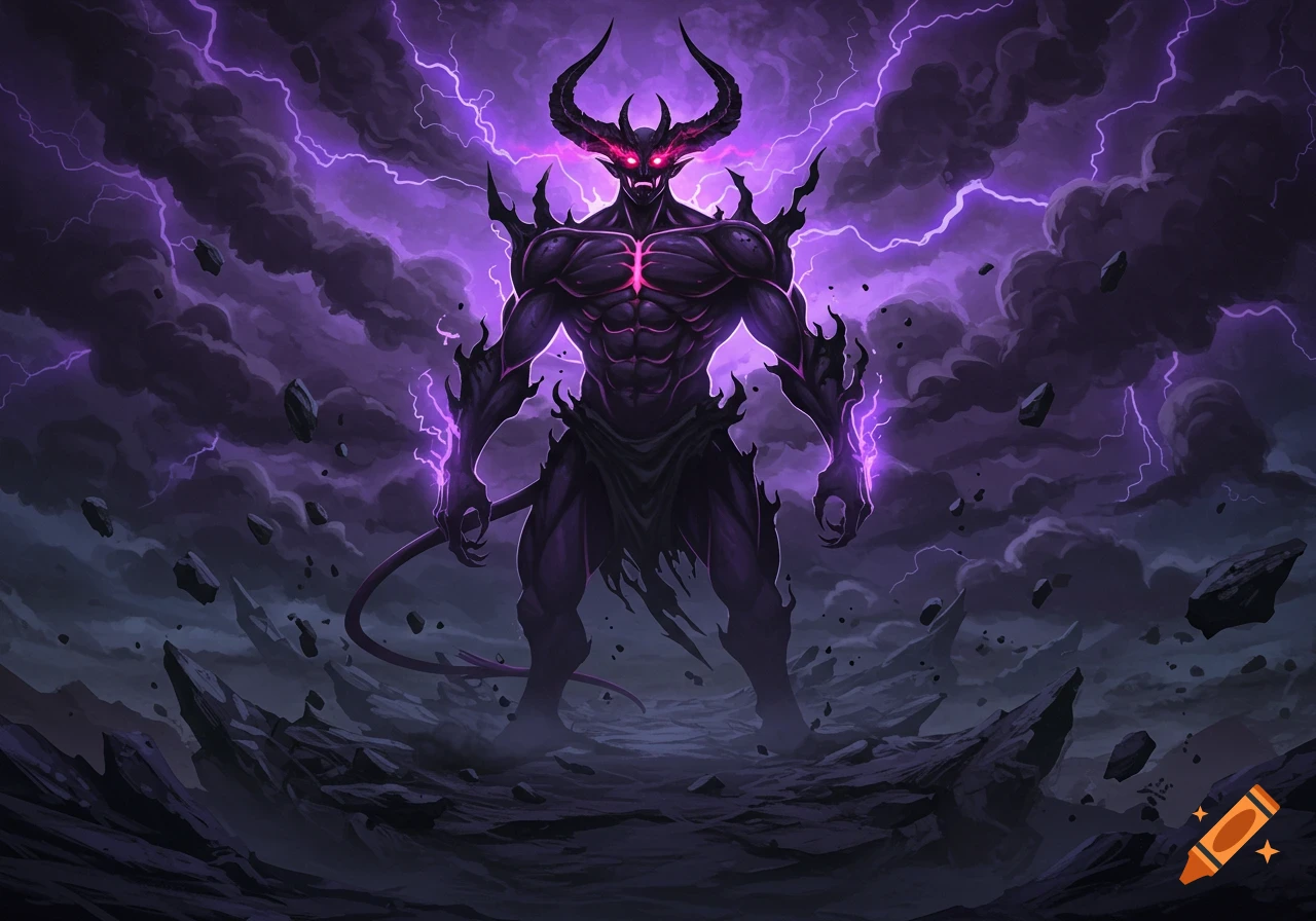 Massive horned demon stands over a small figure in a dark, fiery forest ...