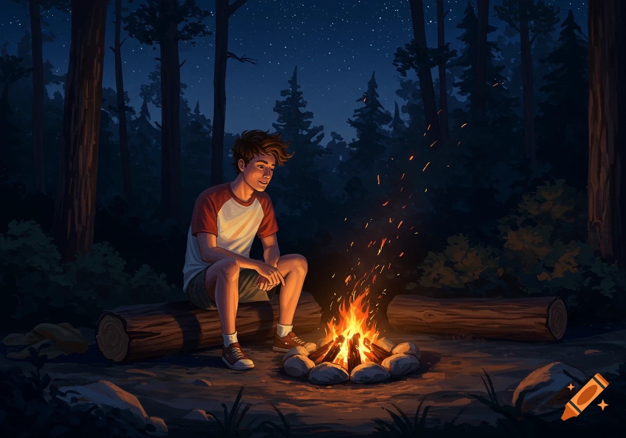 Young man sitting on a log by a campfire in a dark forest at night ...
