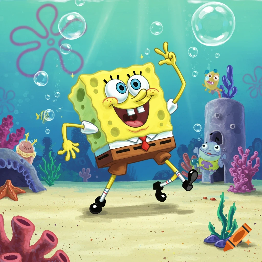 Spongebob Squarepants smiling and doing a peace sign while dancing ...