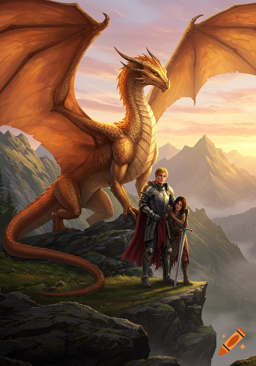 A majestic golden dragon with spread wings stands on a mountain cliff ...