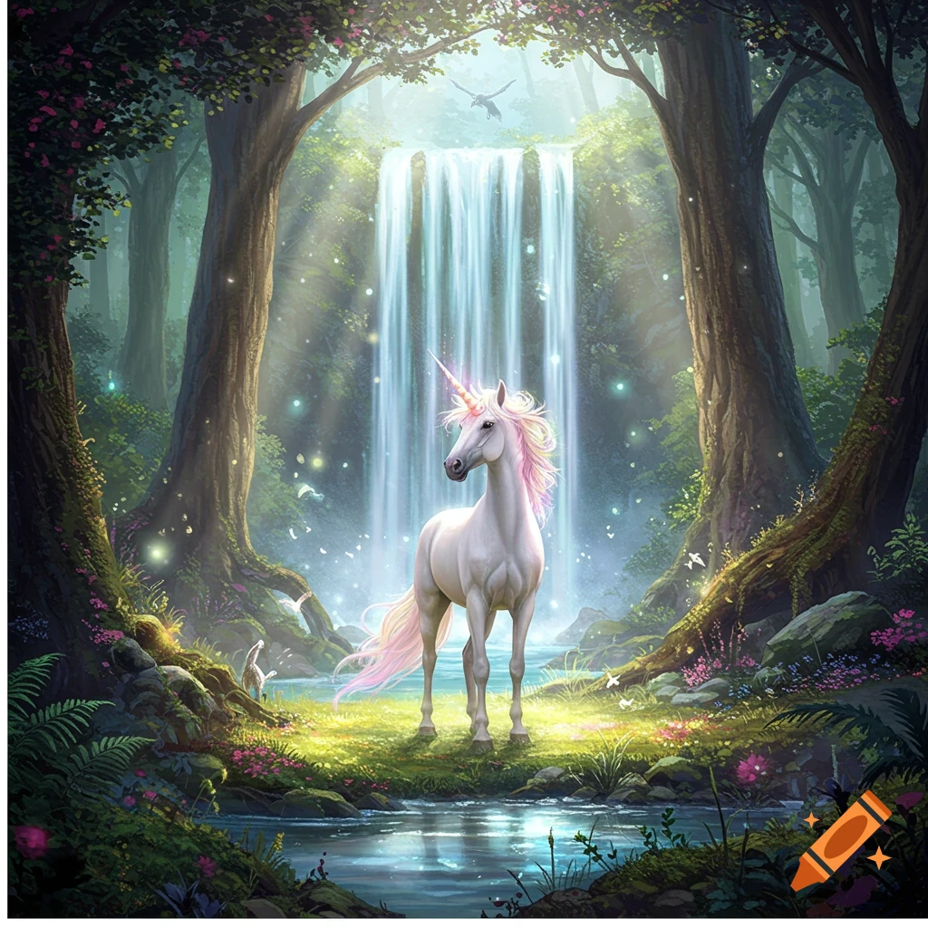 A majestic white unicorn with a pink mane and horn stands in a sunlit, magical forest clearing ...