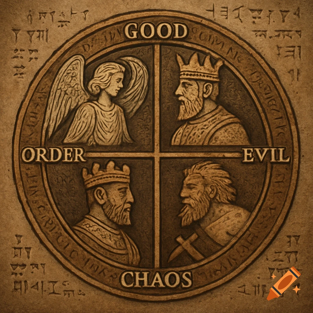 A circular, ancient-style relief carving depicting an alignment chart ...