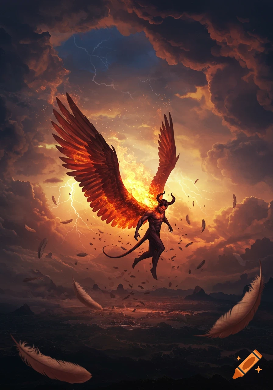 A dark fantasy illustration of a winged figure falling through stormy ...