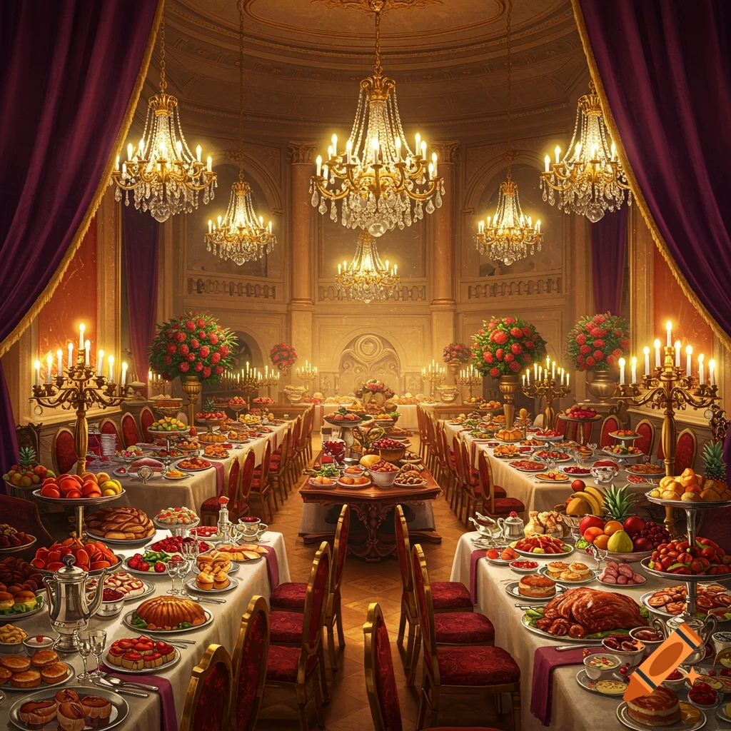 A lavish banquet in a grand hall with long tables overflowing with food ...