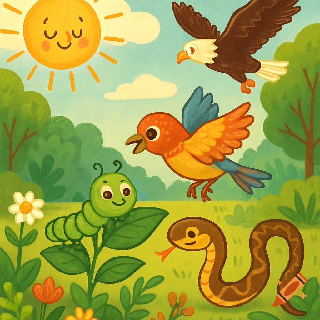 A colorful cartoon illustration depicting a food chain with a happy sun, caterpillar, bird ...