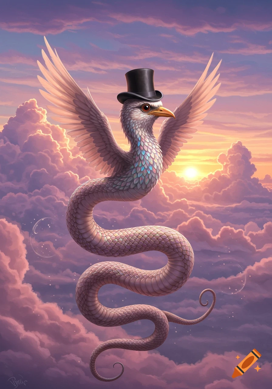 A majestic feathered snake with bird head and wings, wearing a top hat ...