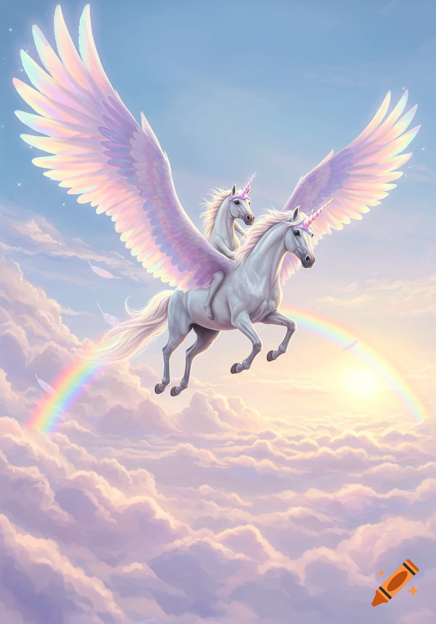 Manga-style illustration of a white winged unicorn with a pastel mane ...