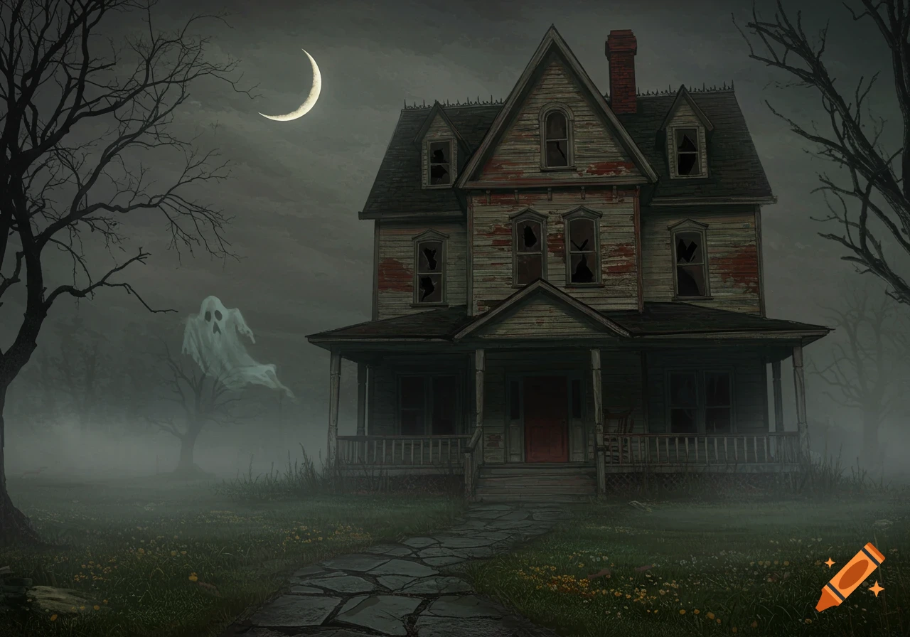 A spooky haunted house on a hill, overlooking a graveyard on a dark ...