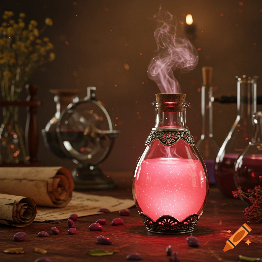 A glowing pink potion bottle with smoke on a table with scrolls and ...