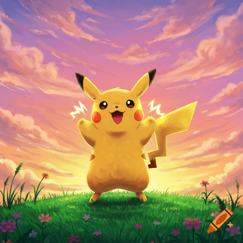 Pikachu joyfully jumps in a green field with flowers and falling petals under a vibrant sky, in ...