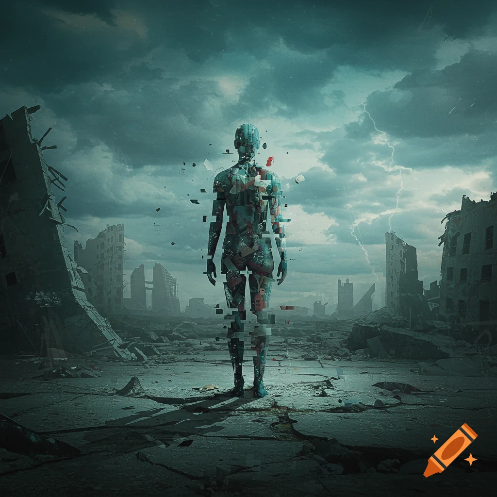 An AI humanoid robot with a metallic body stands in front of a stylized ...