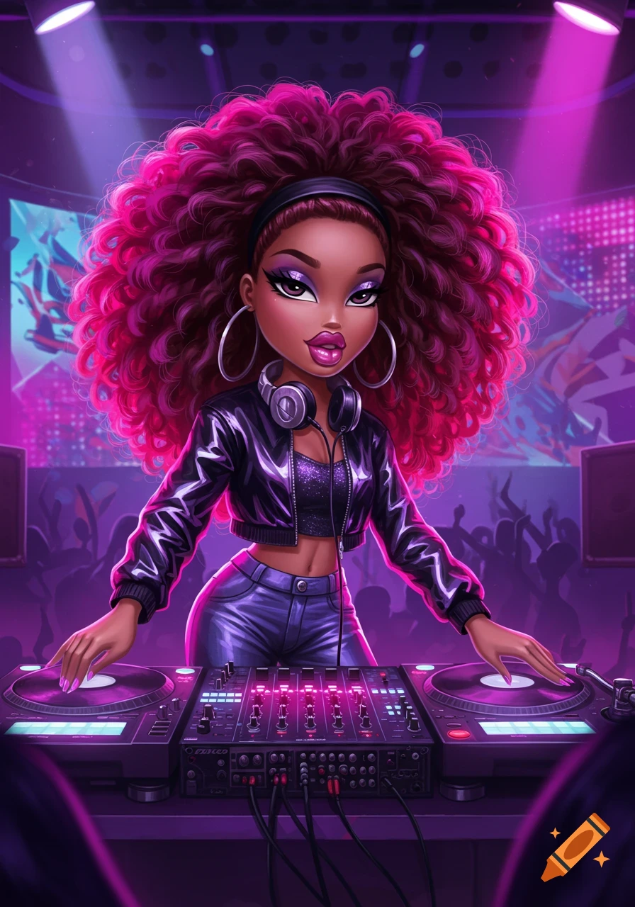 Stylized cartoon of a female DJ with large pink afro hair and ...
