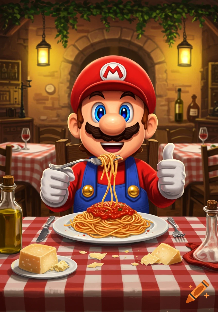 Cartoon Mario happily eats a plate of spaghetti with red sauce in an ...
