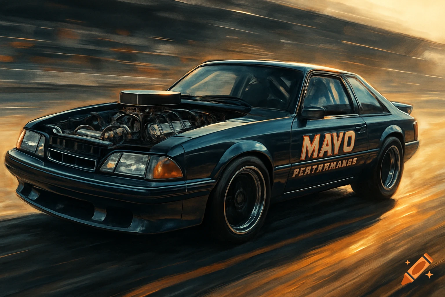 A blue vintage drag racing car named "Blue Max" doing a tire-smoking ...