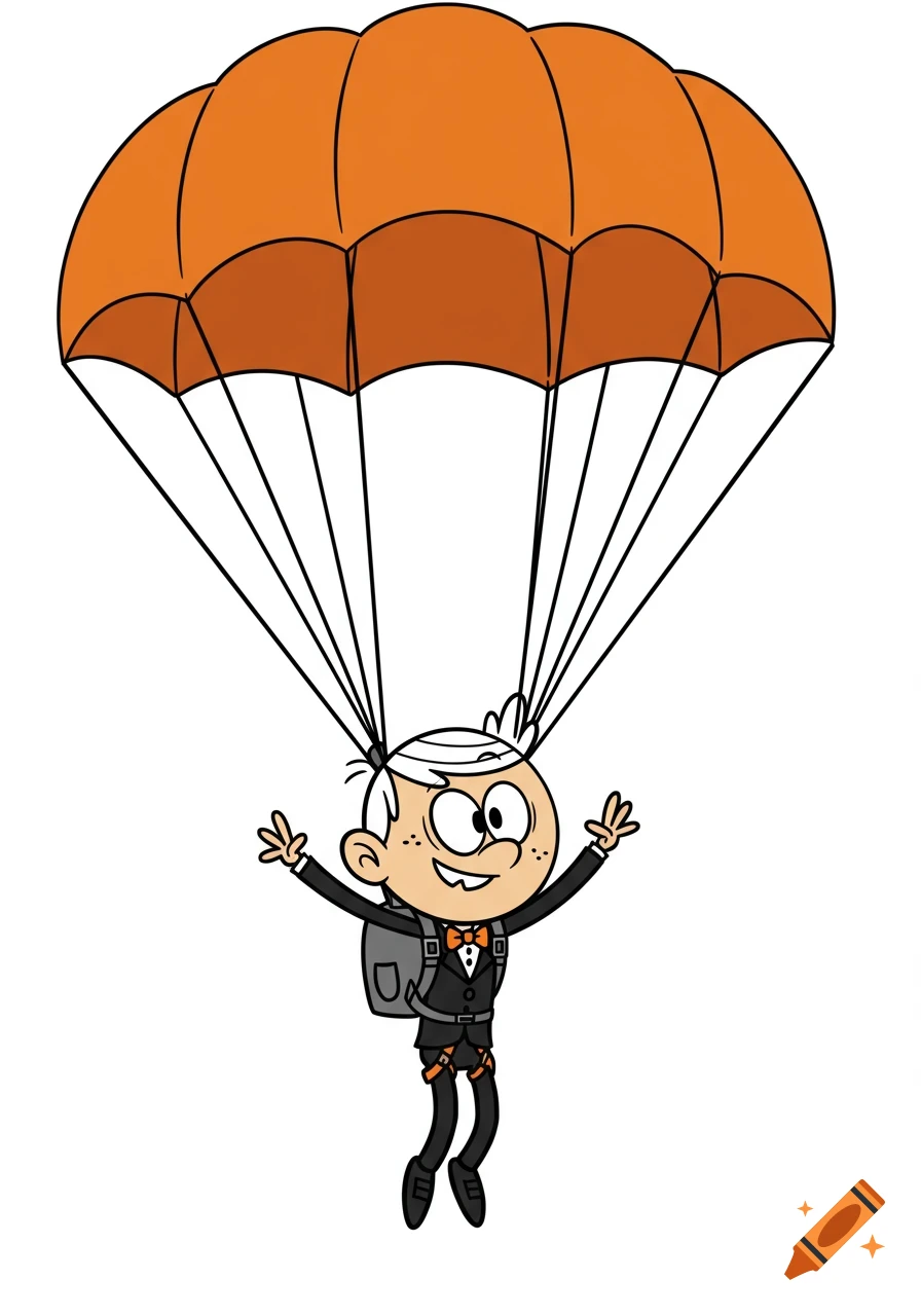 Cartoon character Lincoln Loud in a tuxedo and orange parachute floats ...
