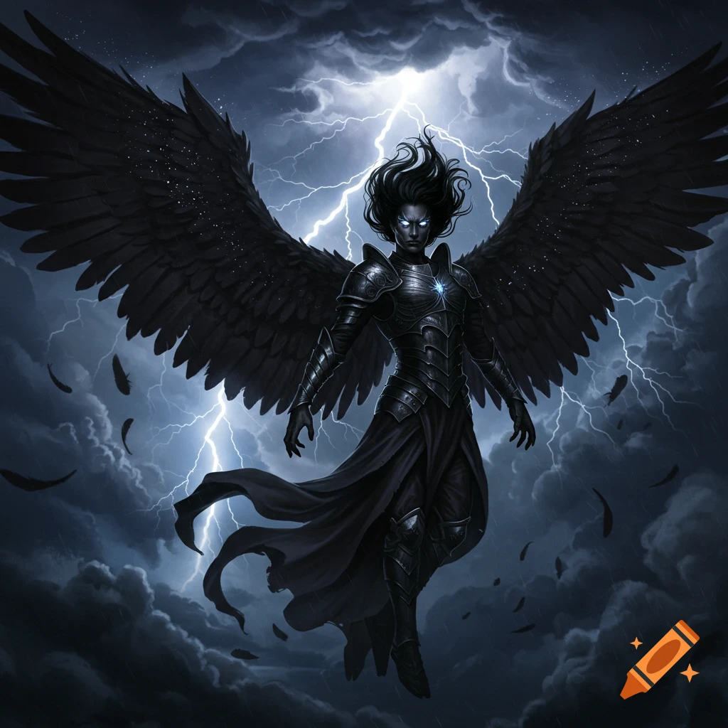 A dark seraphim angel with large wings and multiple arms, with a ...