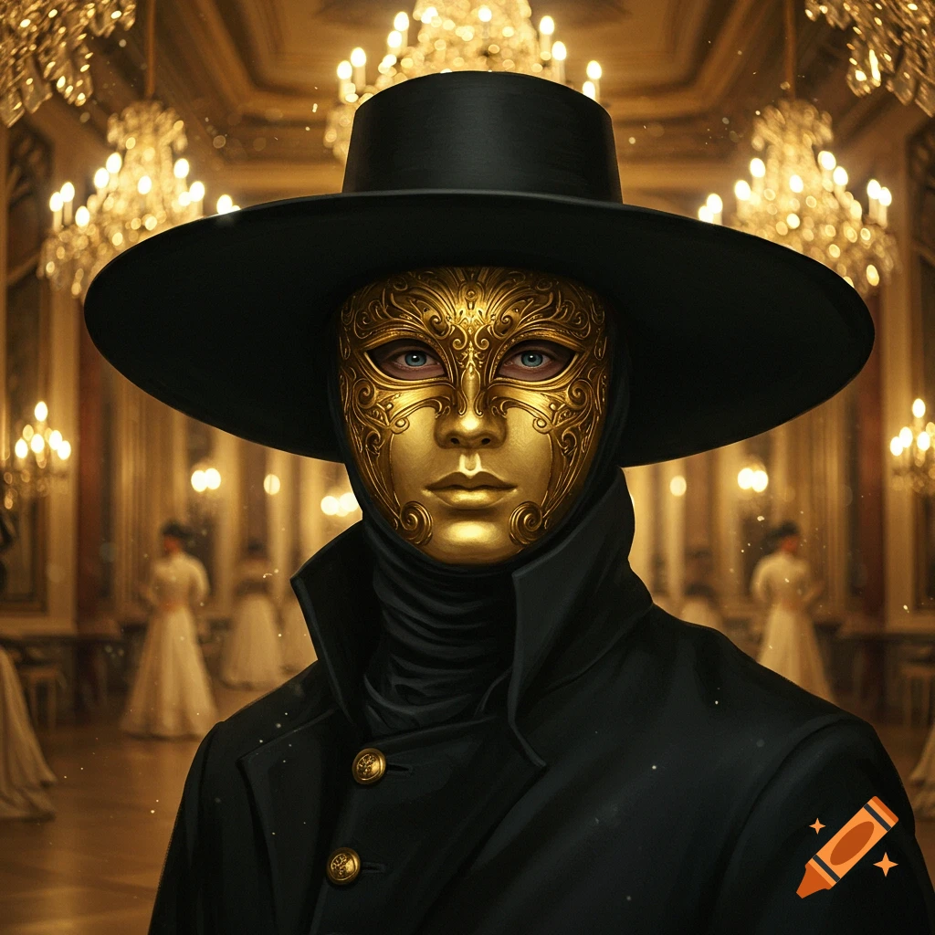 A mysterious figure in a black hat and an ornate gold mask stands in a ...