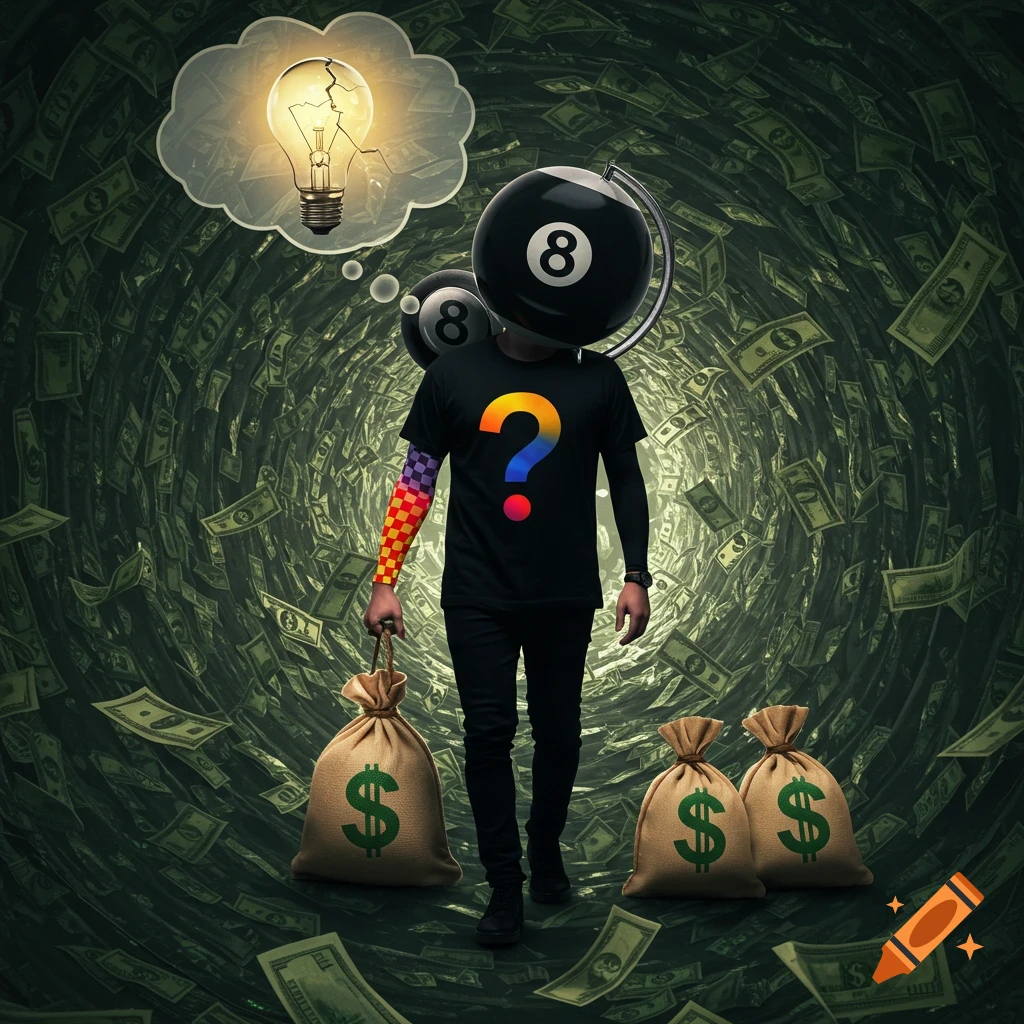 A man with an 8-ball head and a rainbow question mark shirt walks ...