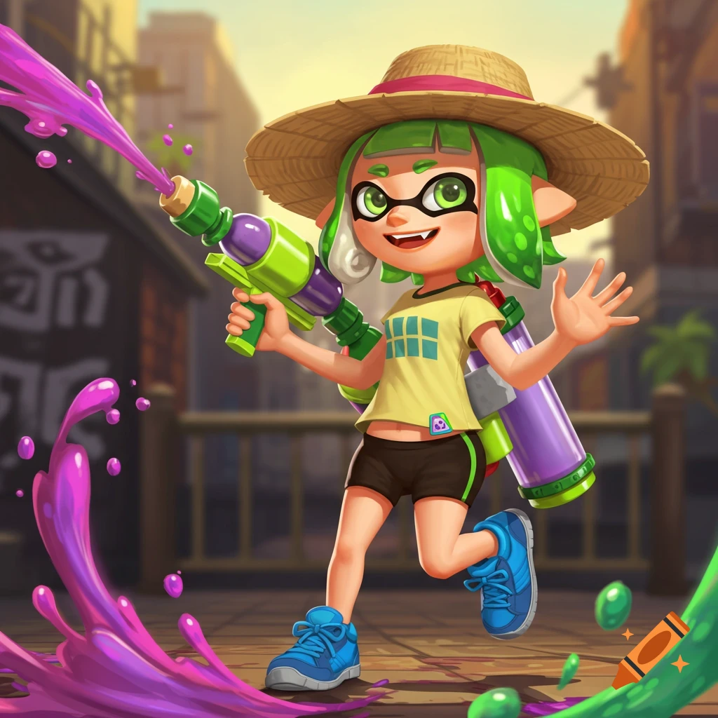 A stylized 3D render of an Inkling character with purple hair and large ...