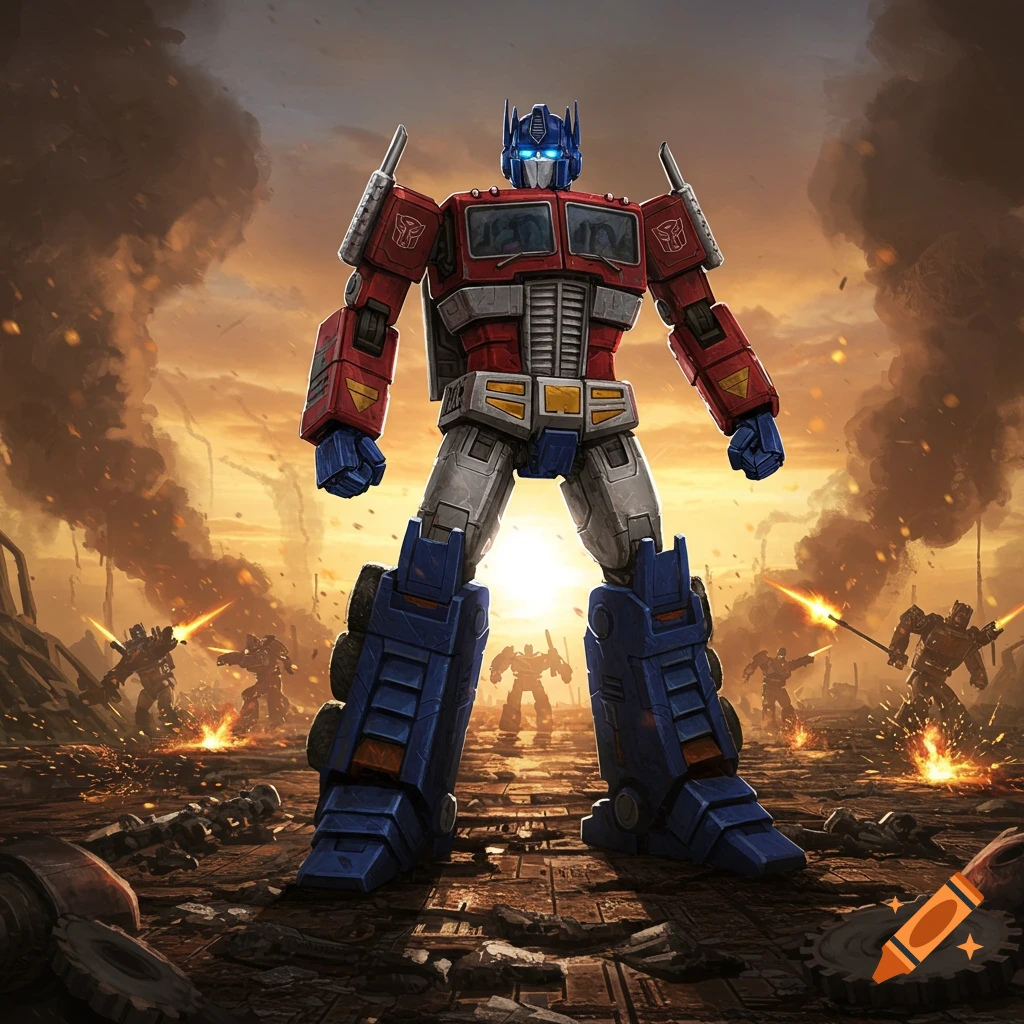 A large grey and gold robot stands over a kneeling red and blue Optimus ...