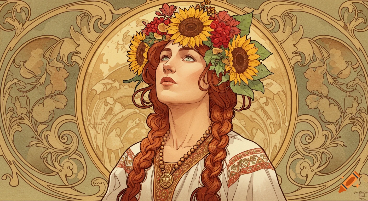 Painting of goddess Demeter with red hair and wreath, standing in a ...