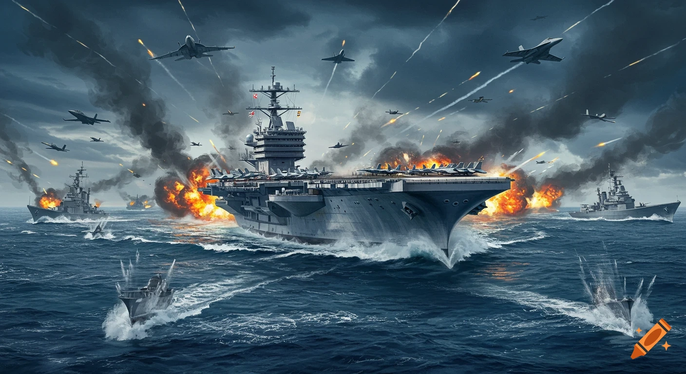 Split image of a battleship in a stormy sea with lightning and a radio ...