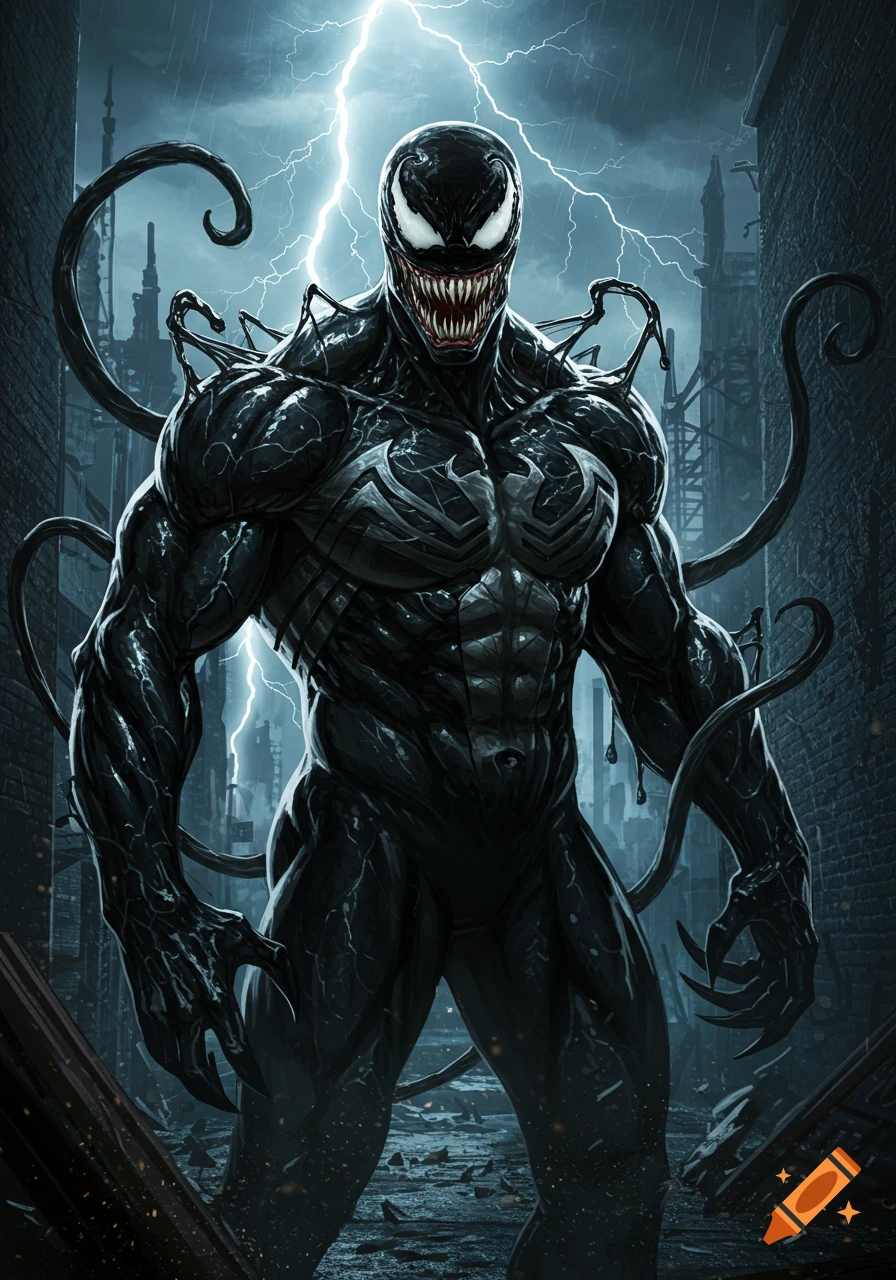 Venom looms menacingly behind Black Widow, both standing in a dark ...