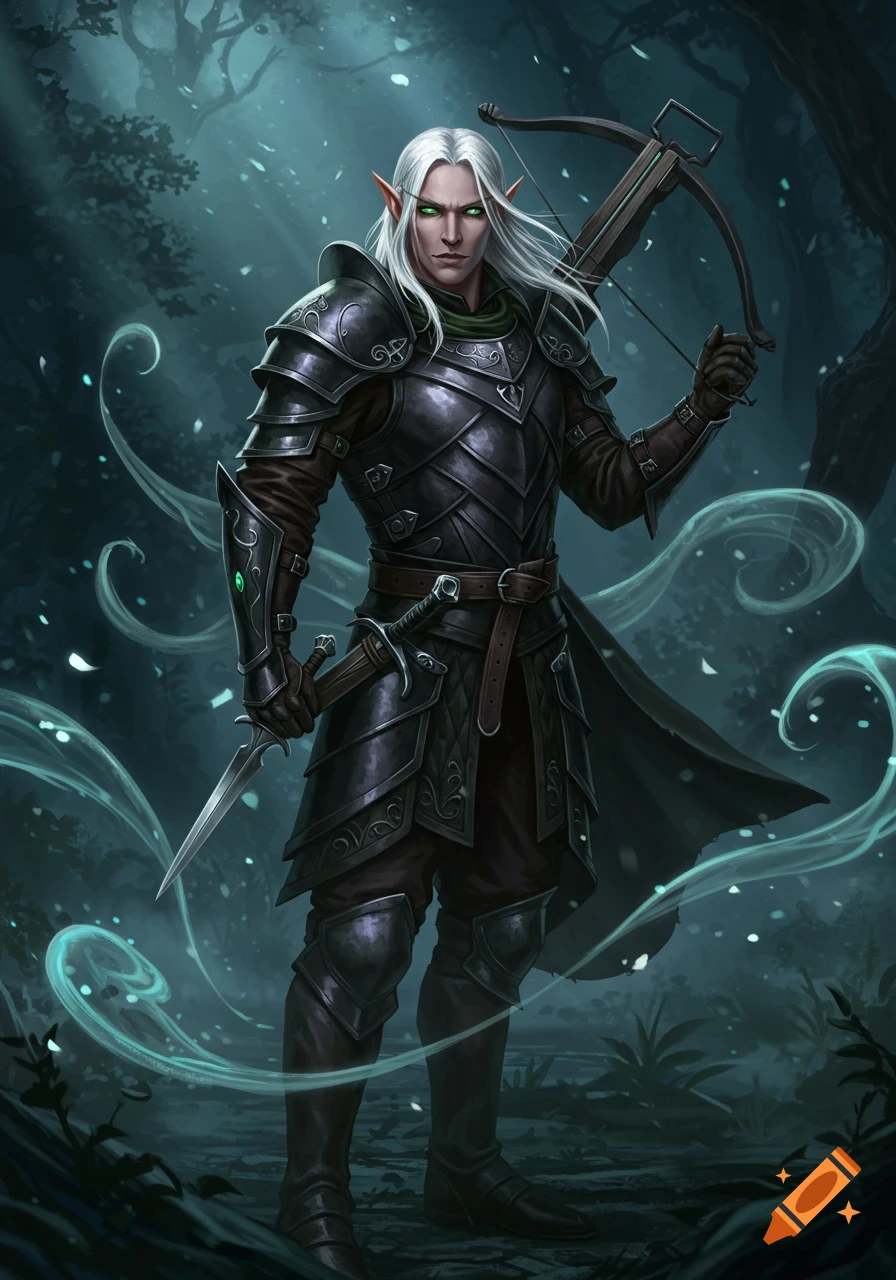 Dark elf rogue with white hair and brown leather armor holding daggers ...