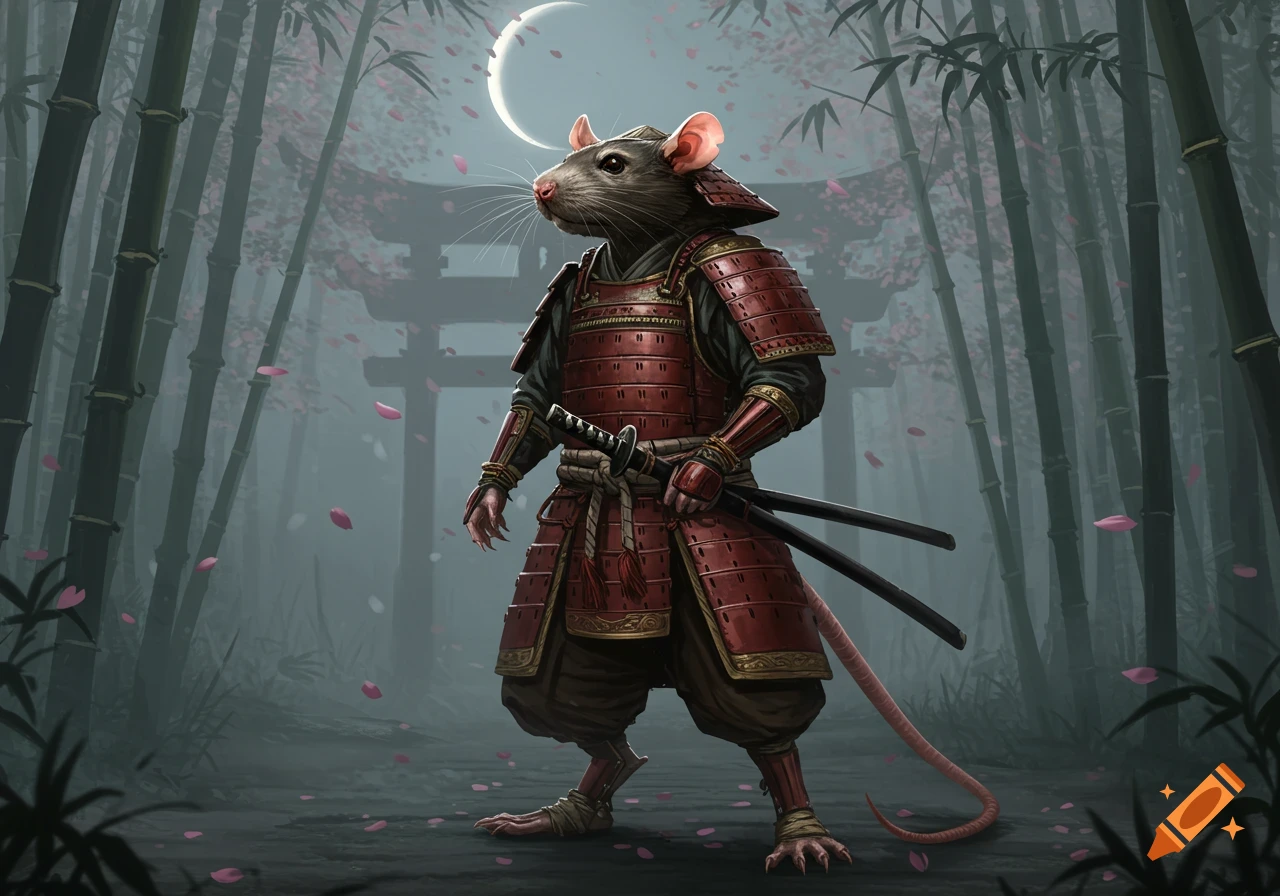 A humanoid rat wearing red samurai armor stands in a bamboo forest ...