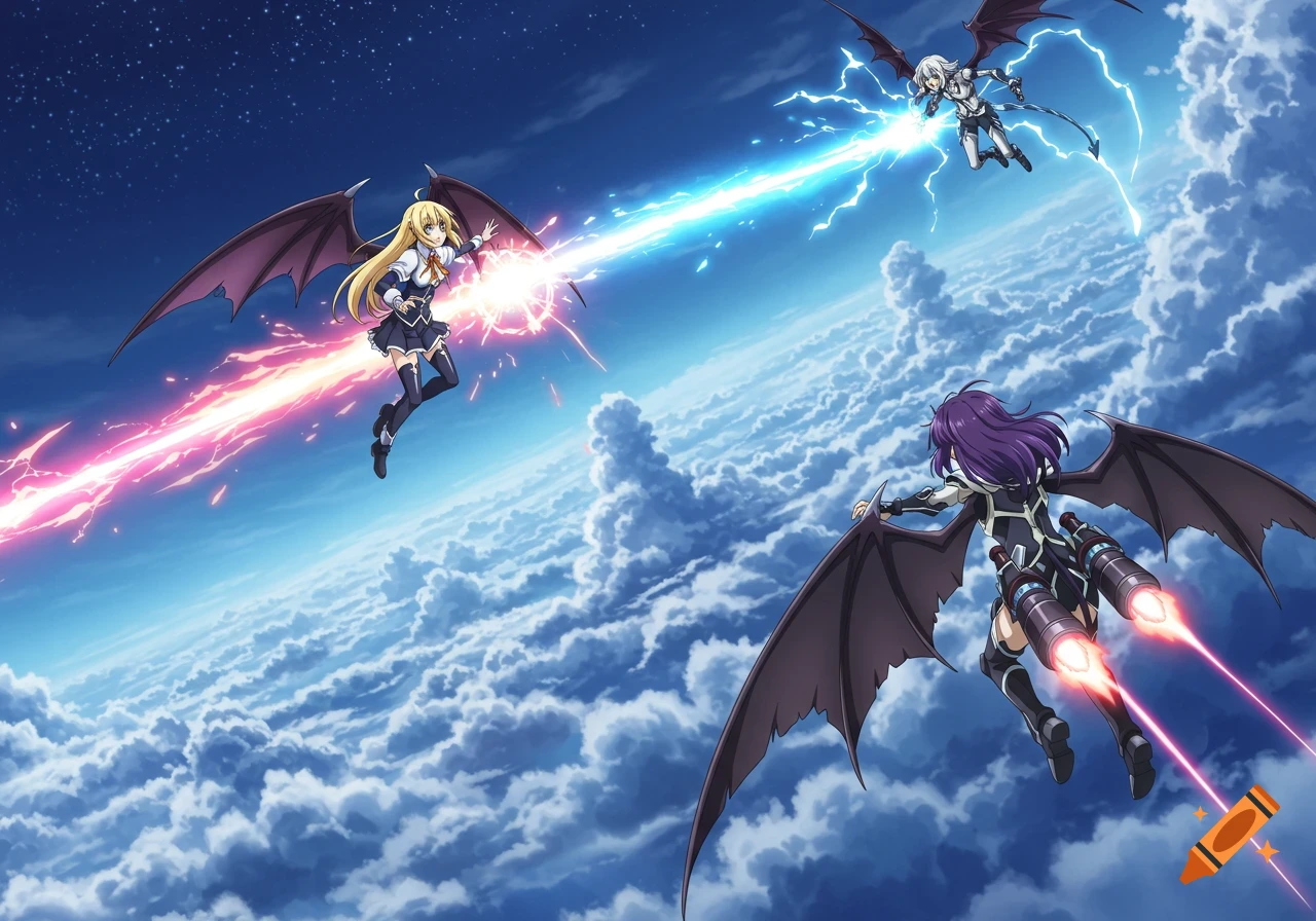Three anime characters with demon wings fly and battle in the sky above ...