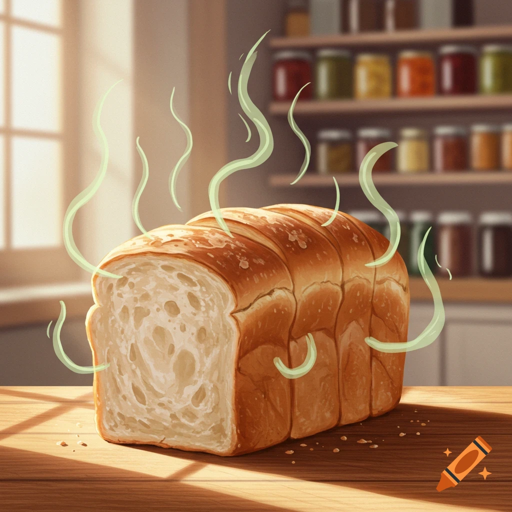 A loaf of stinky white bread with green odor lines on a kitchen counter ...
