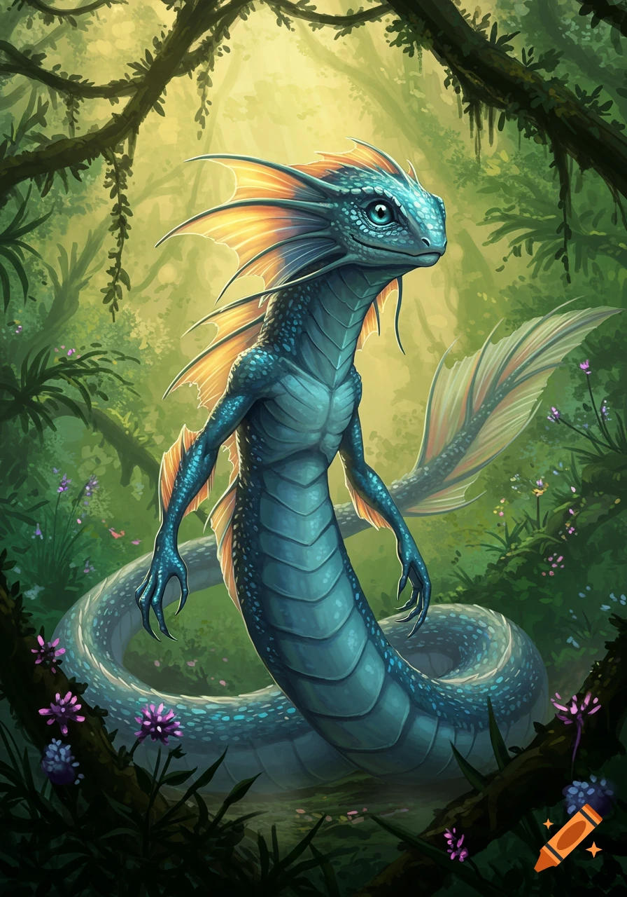 A shimmering blue cat-snake hybrid creature with glowing blue eyes and ...