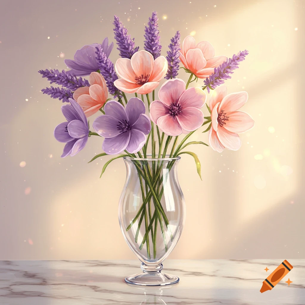 Red and yellow flowers in a glass vase filled with glowing blue liquid ...