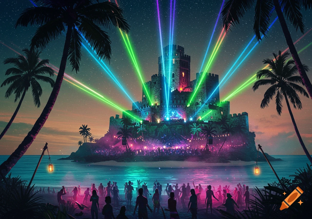 A vivid night scene of a rave on a tropical island, featuring a castle ...
