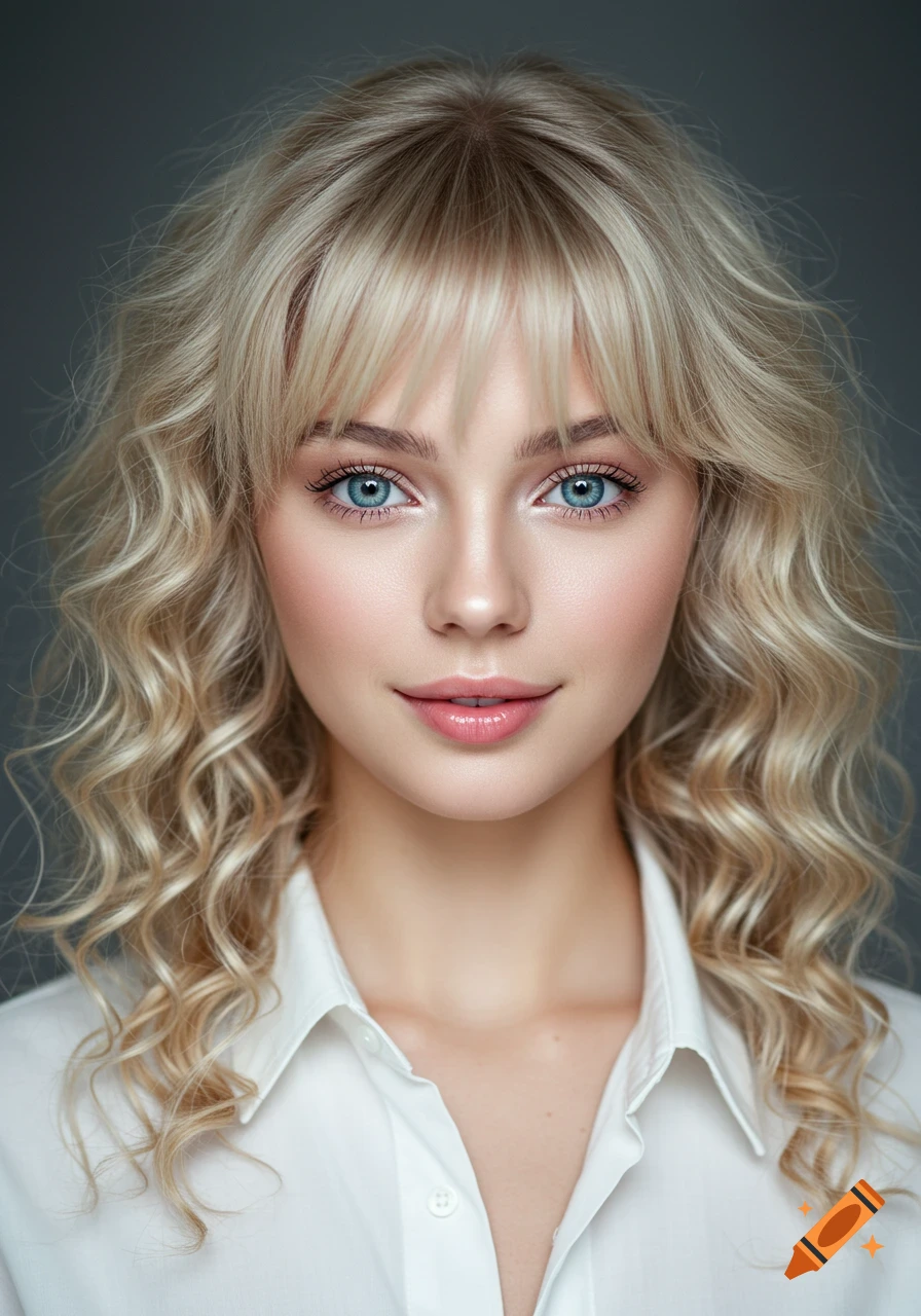 Photorealistic portrait of a young woman with wavy blonde hair, blue ...
