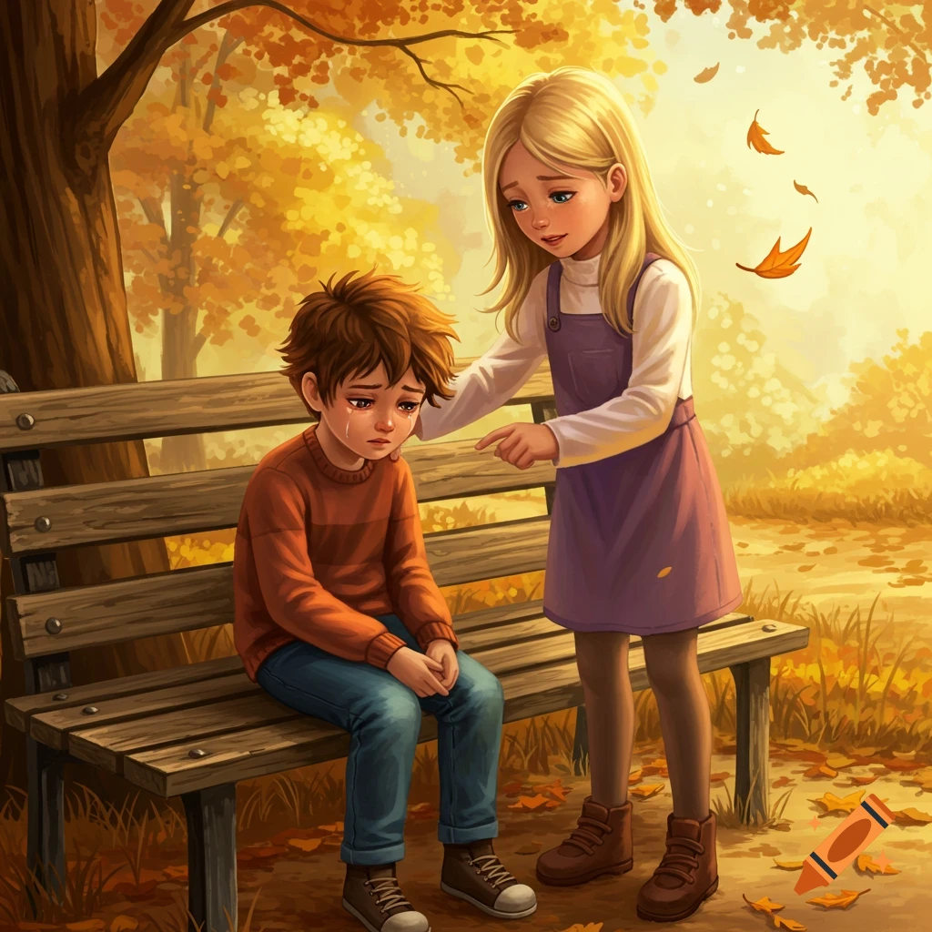 An illustration of a sad boy sitting on a park bench, being comforted by a girl in an autumn ...