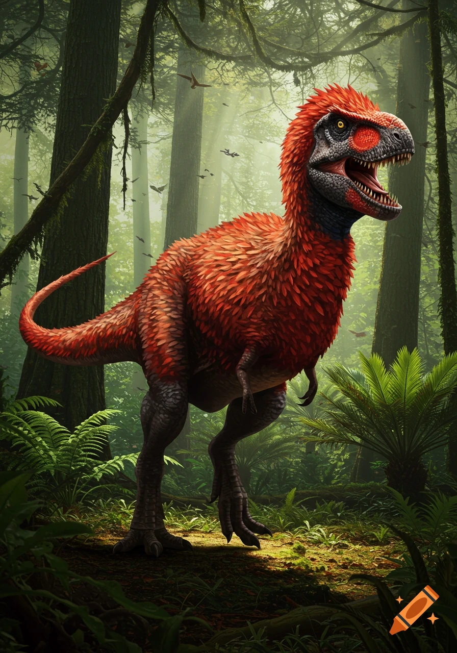 A white feathered raptor dinosaur with black and orange patterns and ...