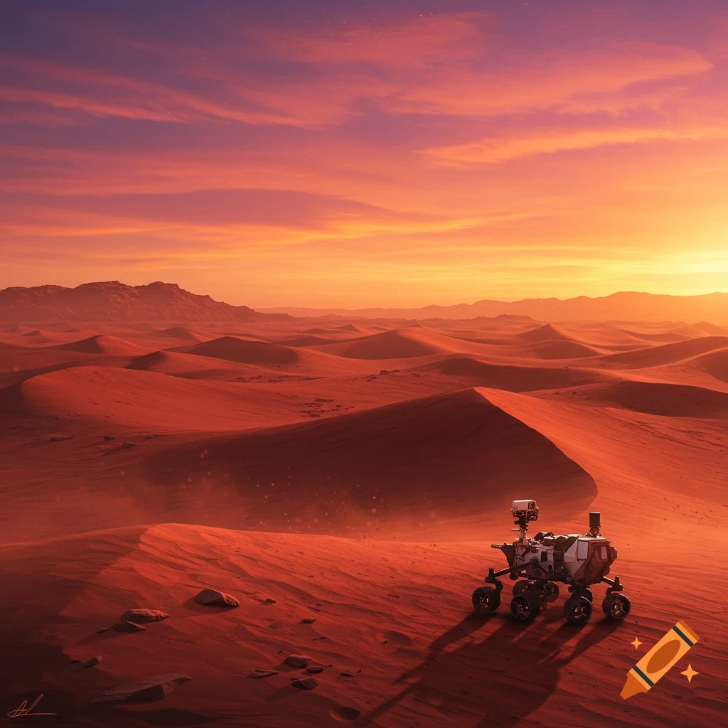 Pixel art of a rover traversing a desert planet under a starry, blue ...