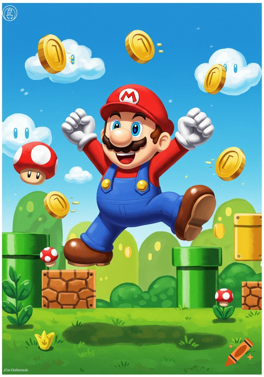 Vibrant voxel art of Super Mario in a green landscape with red and ...