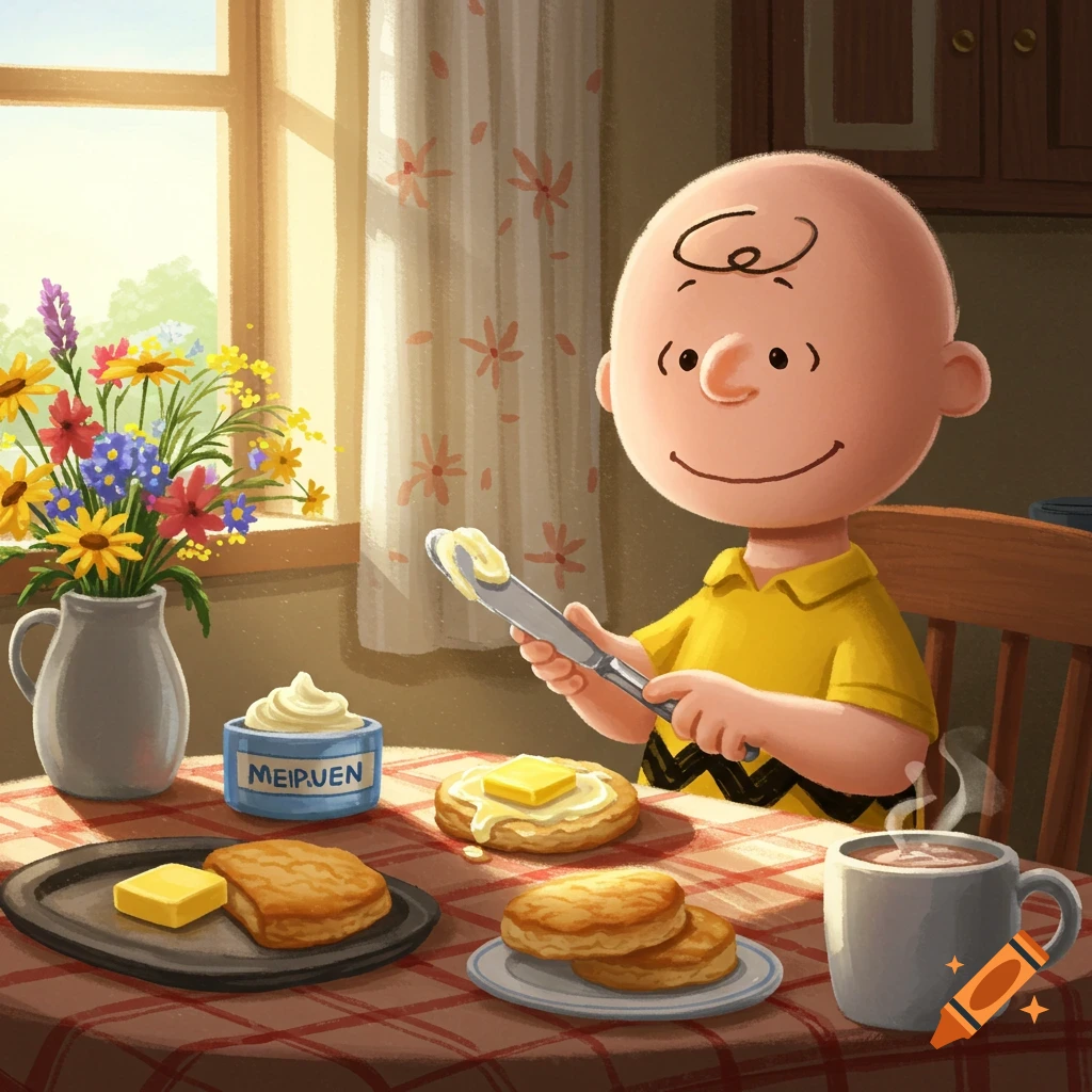 A cartoon boy with blonde hair, a grey shirt, and brown pants stands on ...