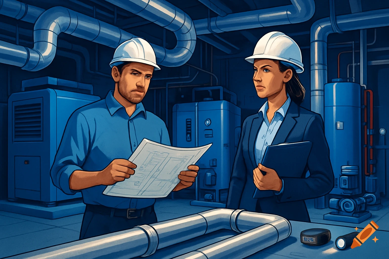 A male engineer and female project manager in hard hats look at a ...