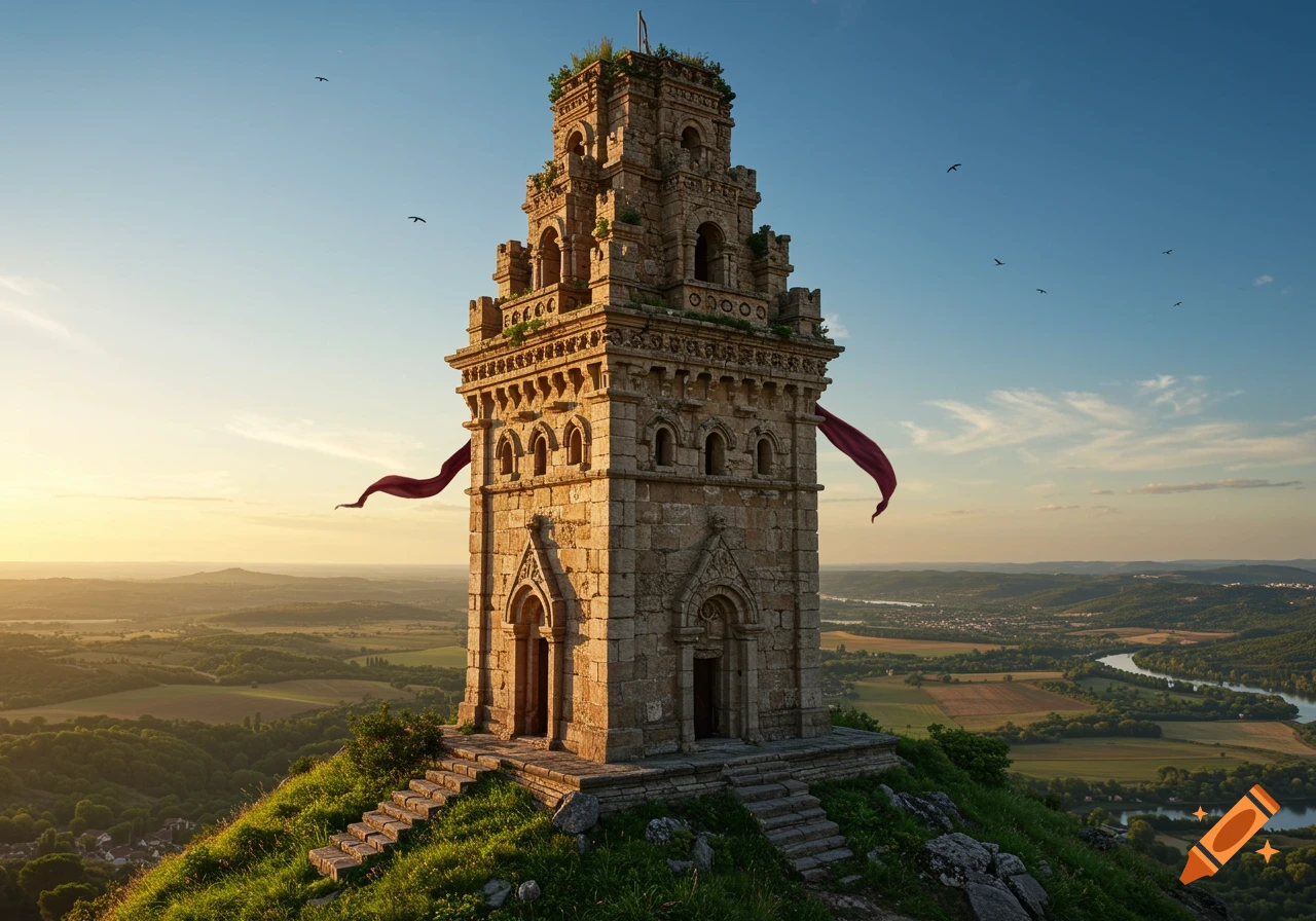A photorealistic ancient stone tower with red banners on a grassy hilltop overlooking a vast ...