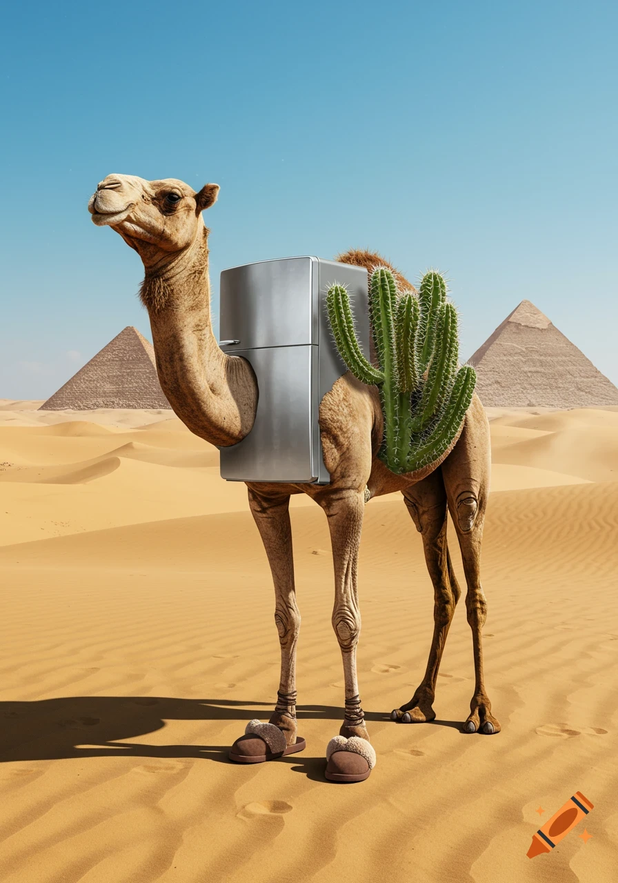 A gold, faceted robot camel with glowing eyes stands in a desert at ...